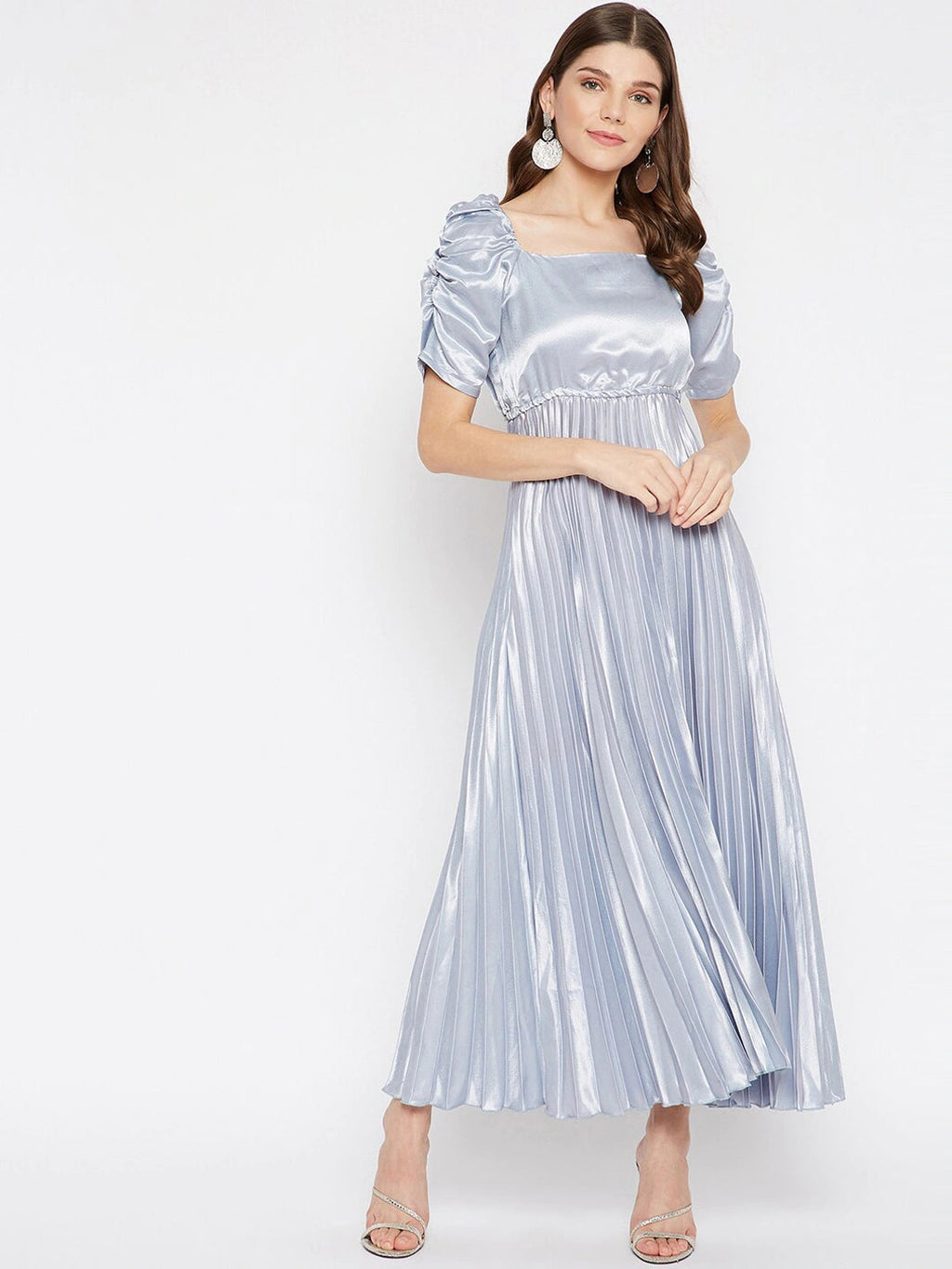 Women Grey Puff Sleeve Crepe Maxi Dress